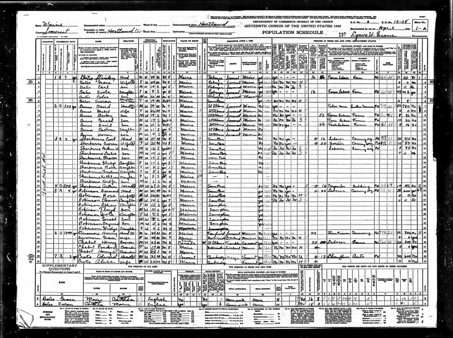 1940 U. S. Census - Hartland, Maine